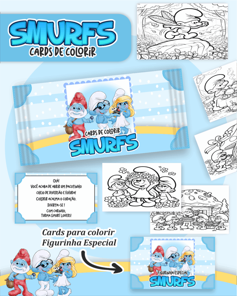 Card de colorir tema Smurfs - Pâmella Vieira Designer